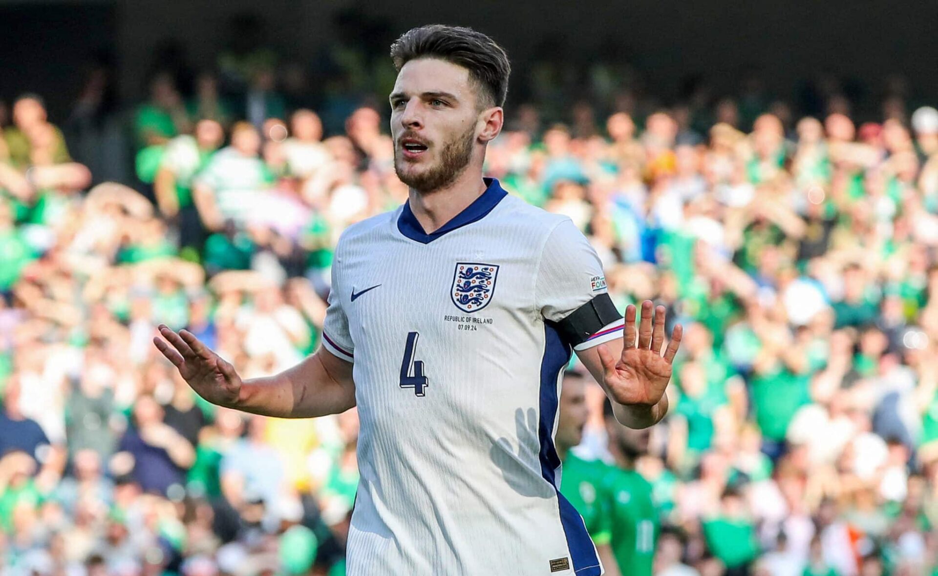 Declan Rice reacts to scoring for England against Ireland